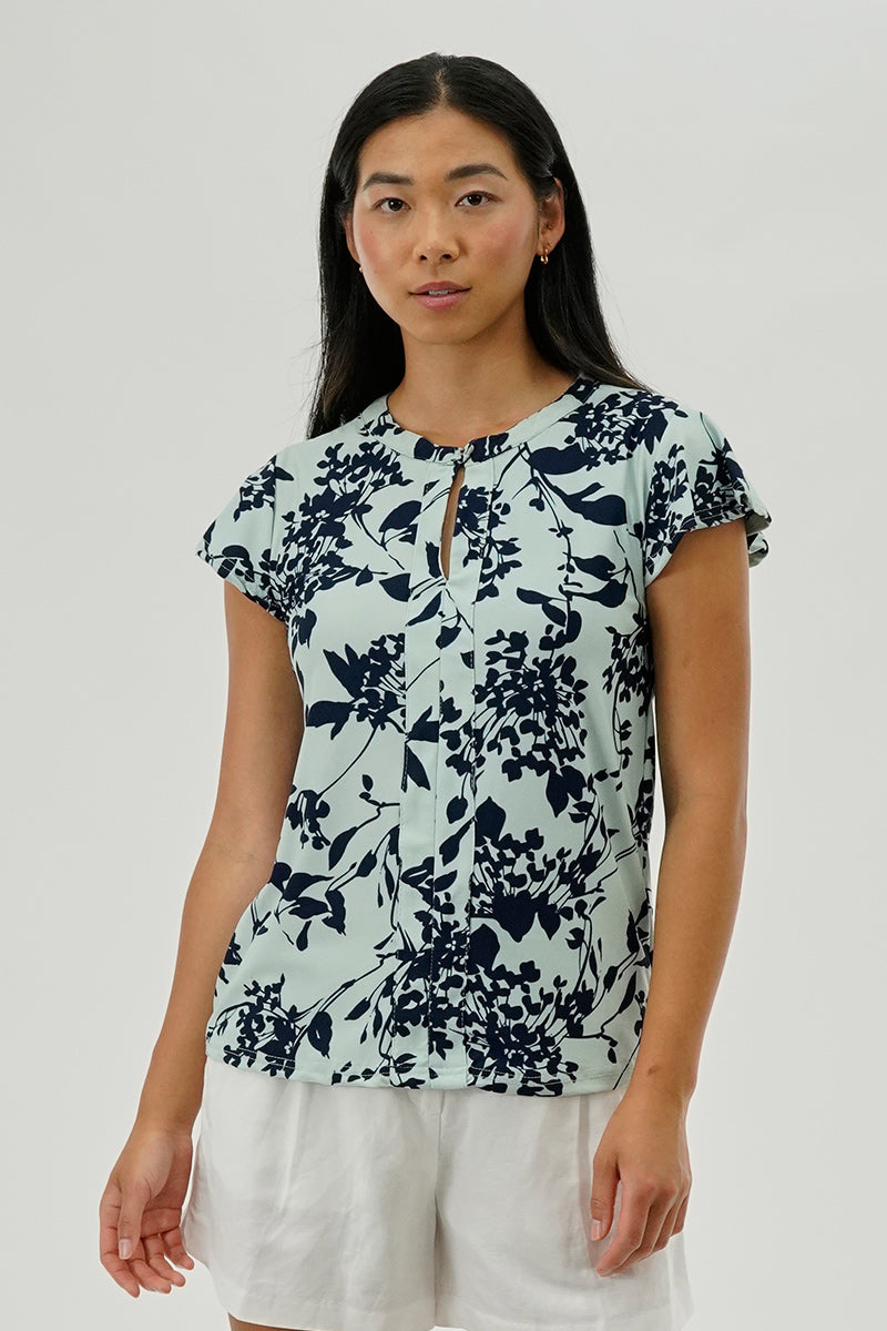 International INC Company Floral Short Sleeve Blouse - Aqua